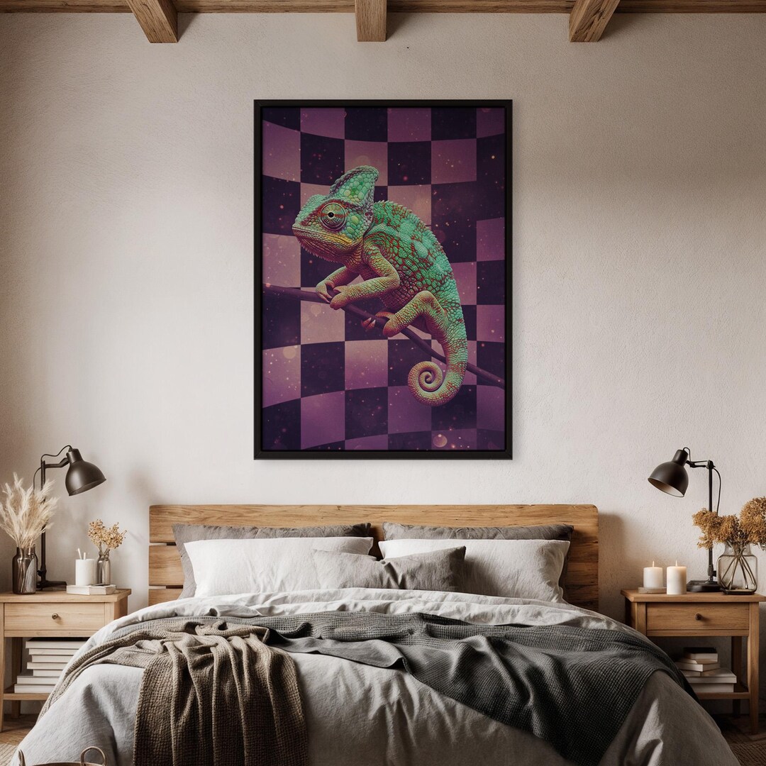 Chameleon Wall Art, Trippy Animal Poster, Purple Checkered Art, Lizard ...
