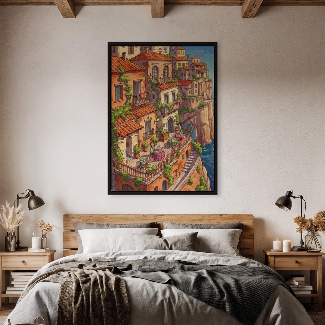 Mediterranean Cliffside Village Wall Art, Coastal Italy Illustration ...