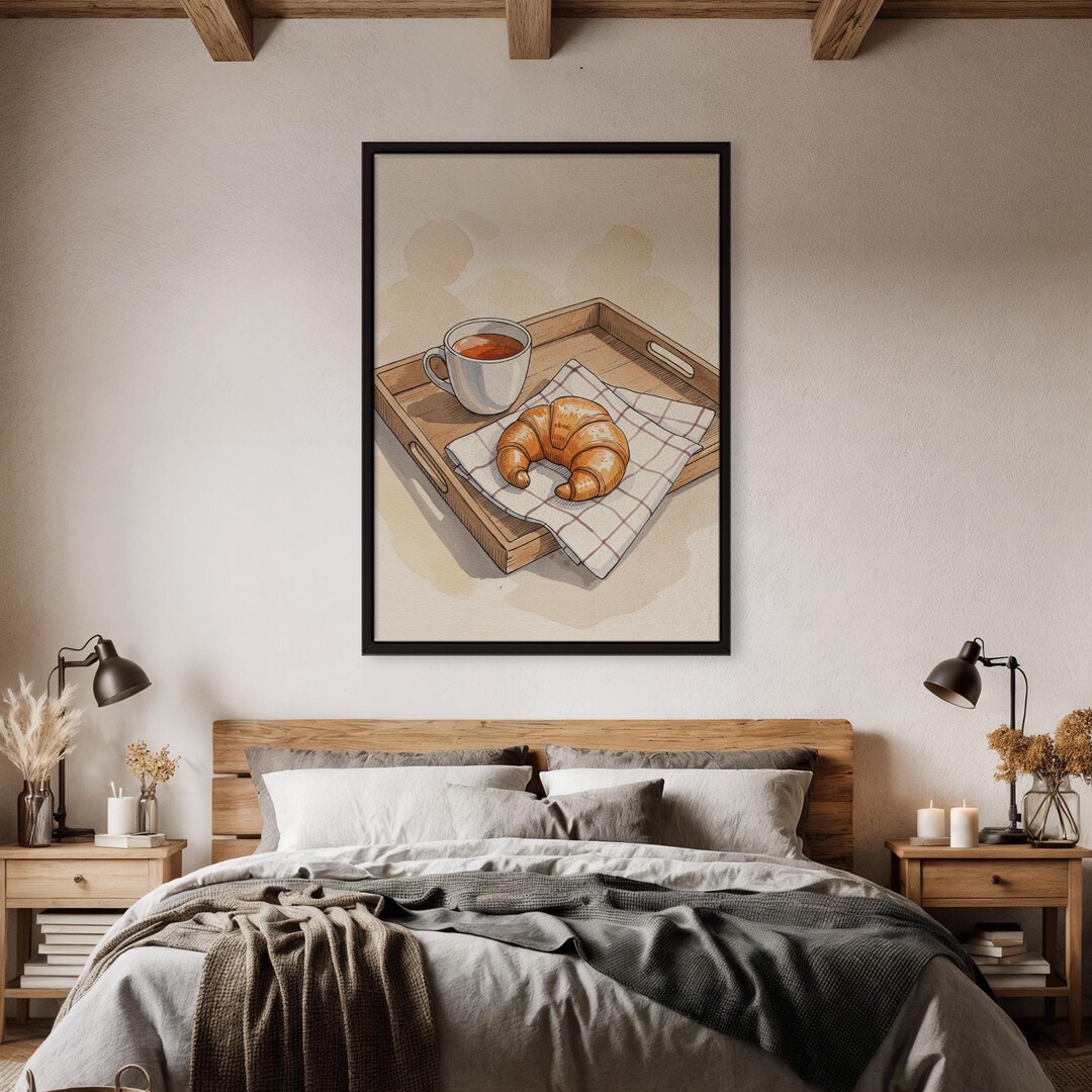 Breakfast Tray Poster, Cozy Morning Coffee Art, Croissant Kitchen ...