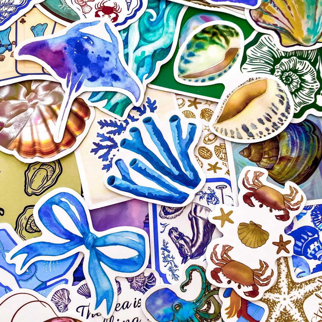 Pack of 50 Coastal Stickers, Ocean Animal Stickers, Vintage Nautical ...