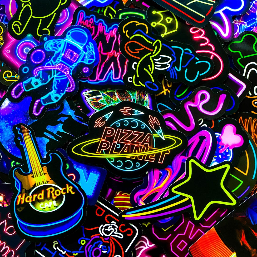 Pack of 50 Neon Music Stickers, Synthwave Neon Stickers, Night ...