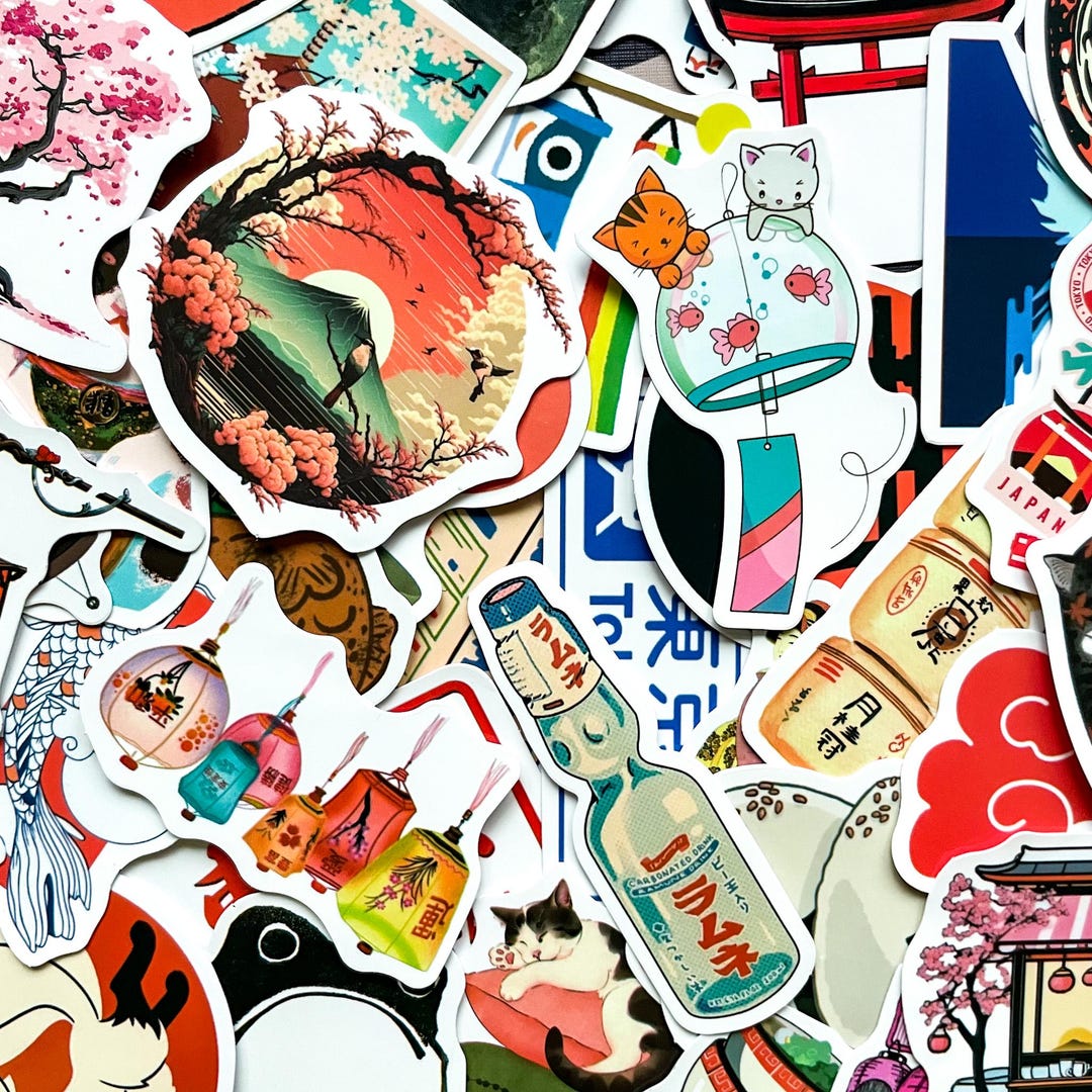 Pack of 50 Japanese Aesthetic Stickers, Tokyo Lantern Stickers, Daruma ...