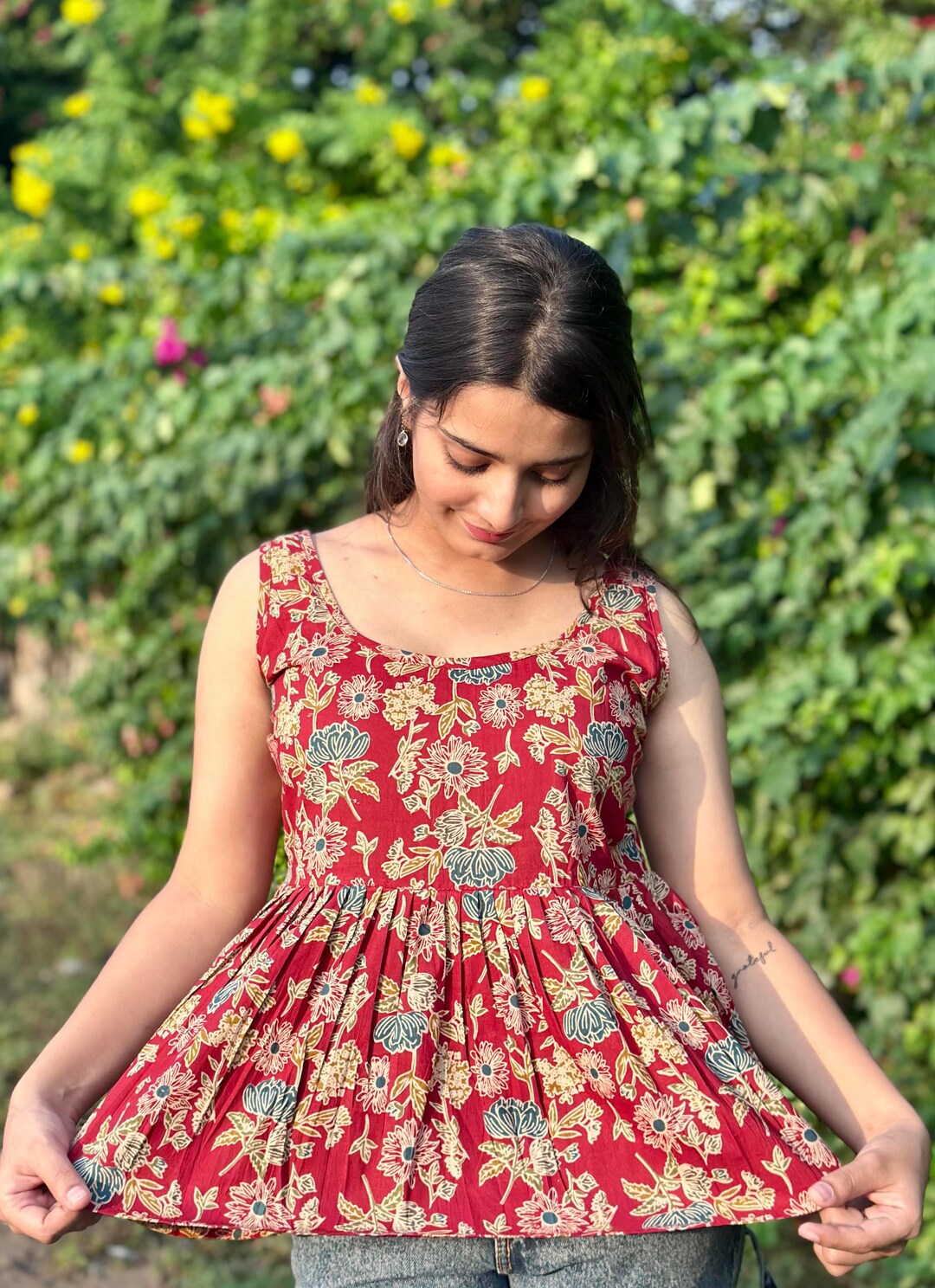 Handmade Red Floral Cotton Top for Women | Boho Block Print Sleeveless ...