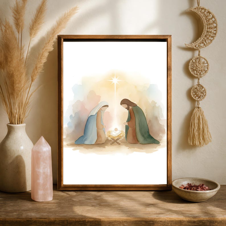 Minimalist Nativity Scene Watercolor, Nativity Scene, Christmas Jesus ...