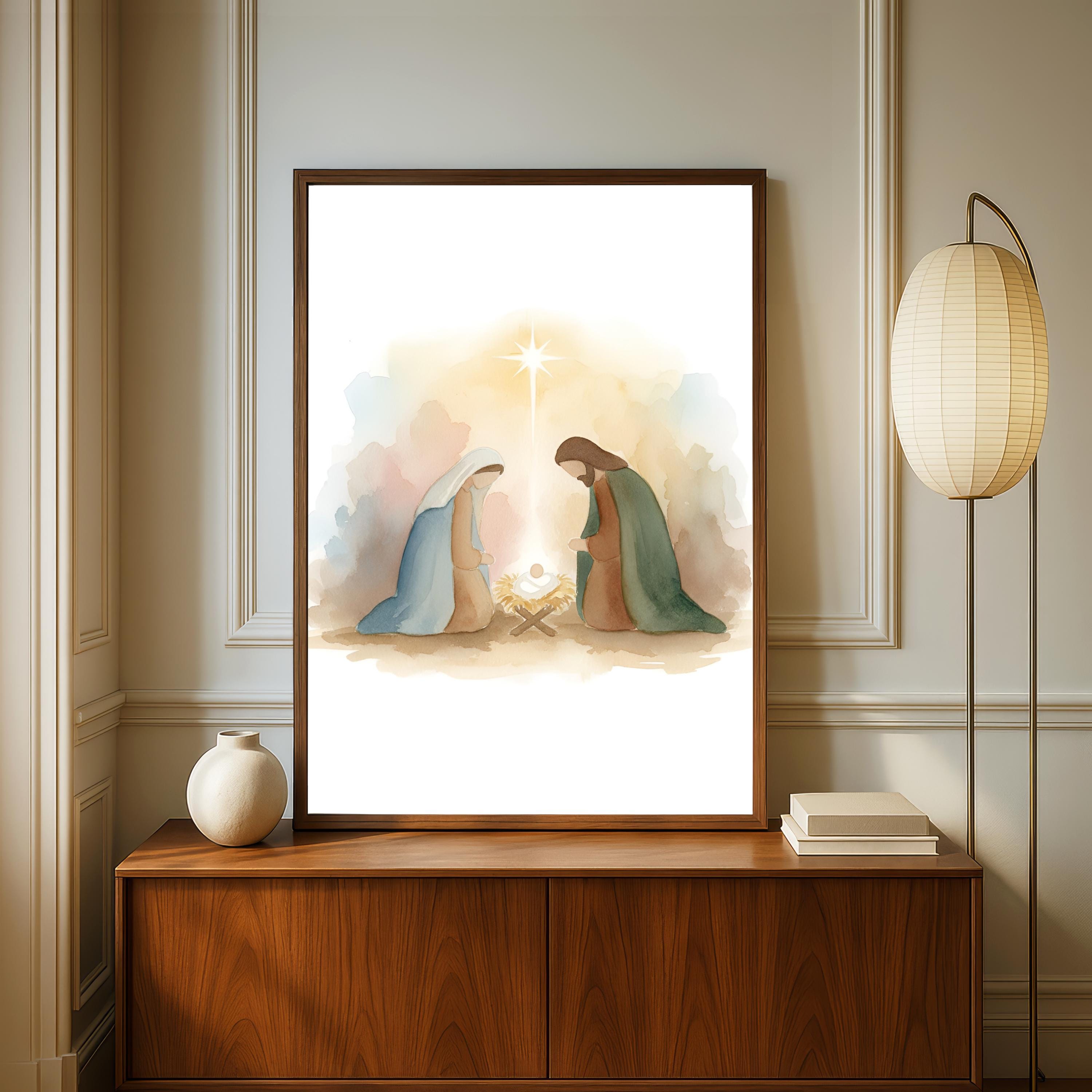 Minimalist Nativity Scene Watercolor, Nativity Scene, Christmas Jesus ...
