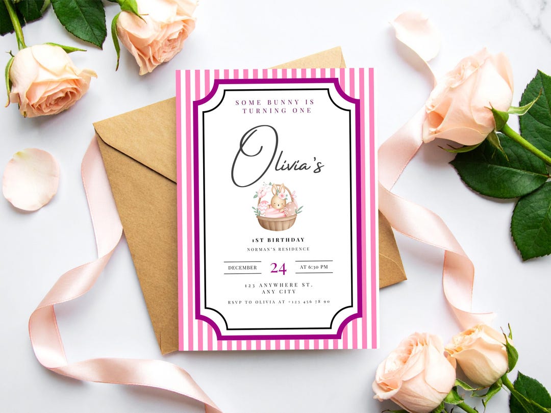 Flopsy Rabbit Personalized 1st Birthday Invitation, Editable Canva ...