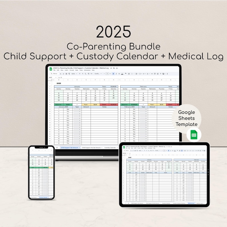 2025 Co-parenting Bundle – Child Support Tracker, Custody Calendar ...