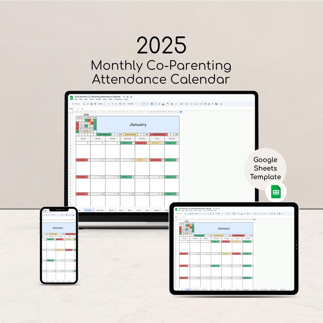 2025 Co-parenting Google Sheets Template – Monthly Attendance Calendar ...