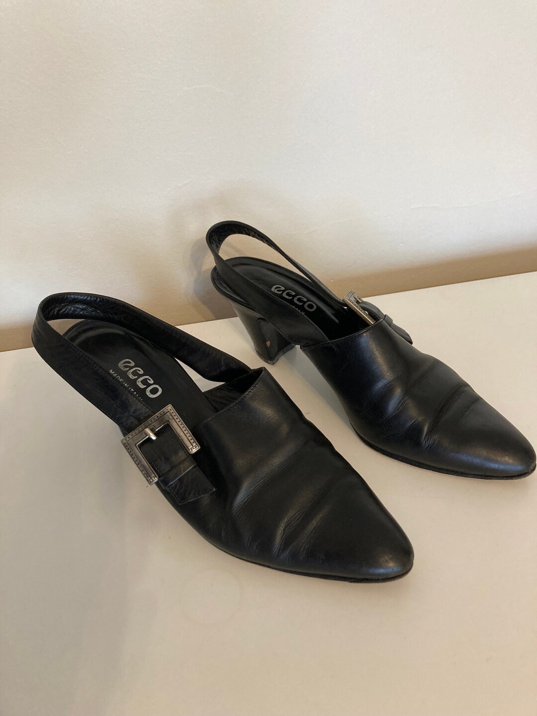 Vintage Black Leather Sling Back Heeled Mules - Ecco From 1990s - Etsy