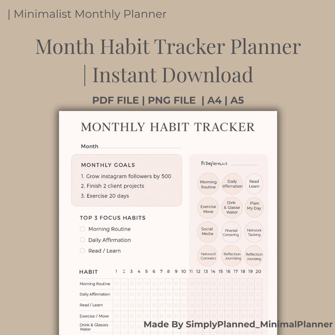 Minimalist Monthly Habit Tracker Planner (digital Download) - Etsy