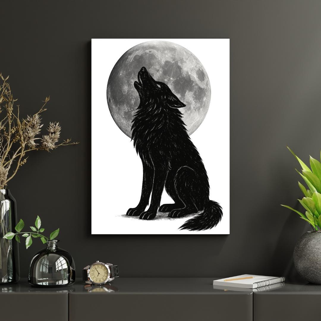 Howling Wolf Poster Under the Moon | Mystical Animal Art in Black and ...