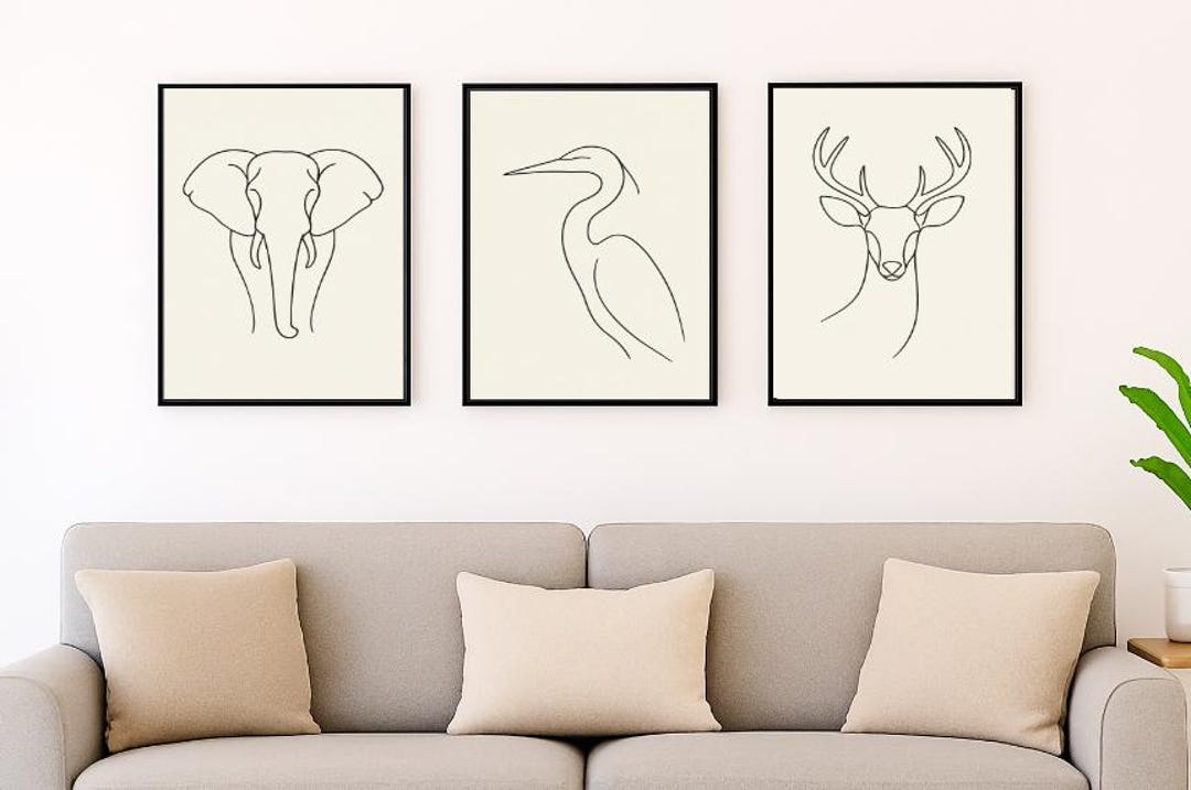 Minimalist Animal Line Art Print Set: Elephant, Deer, Heron (digital ...