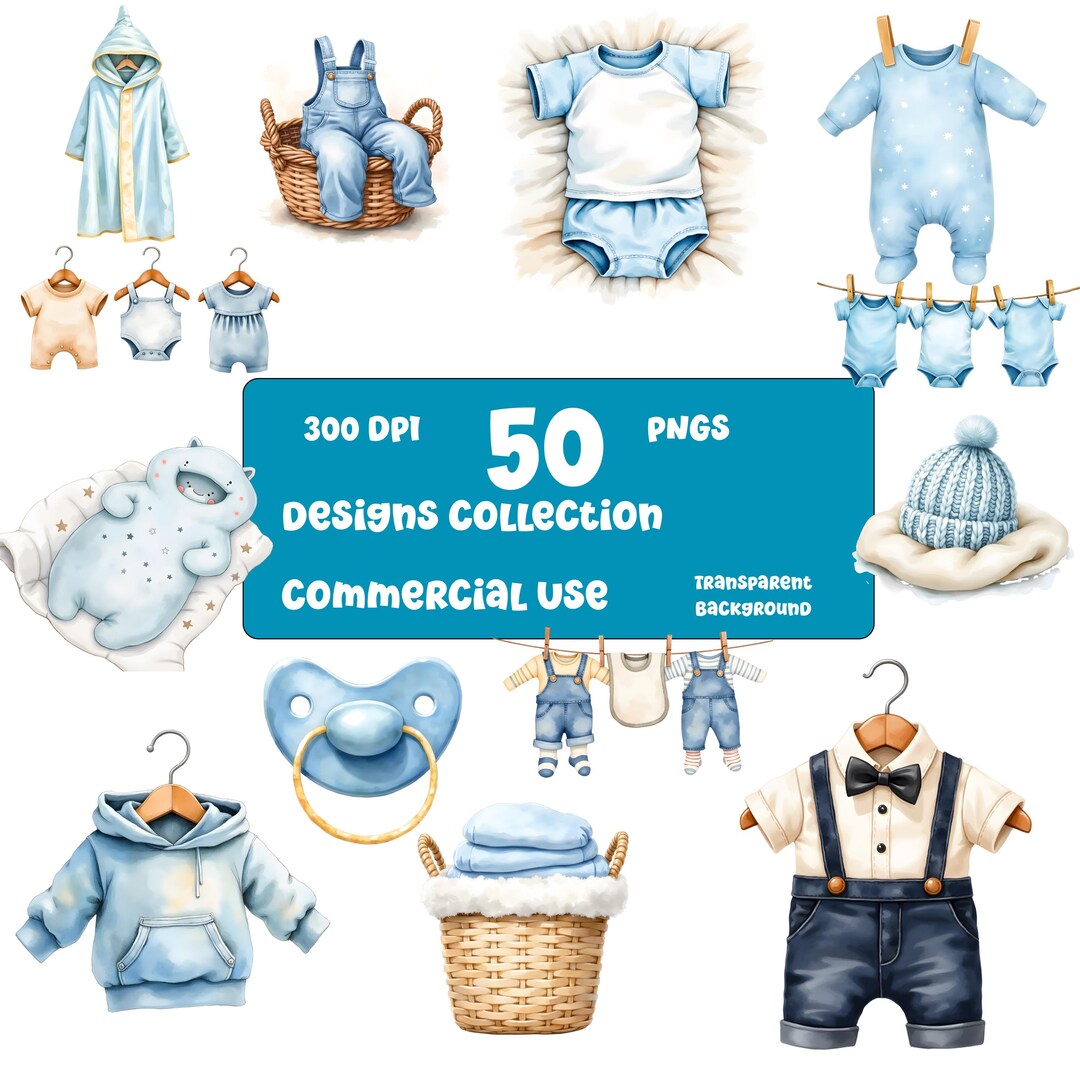 Watercolor Baby Boy Clothesline Clipart, Digital Download for Baby ...
