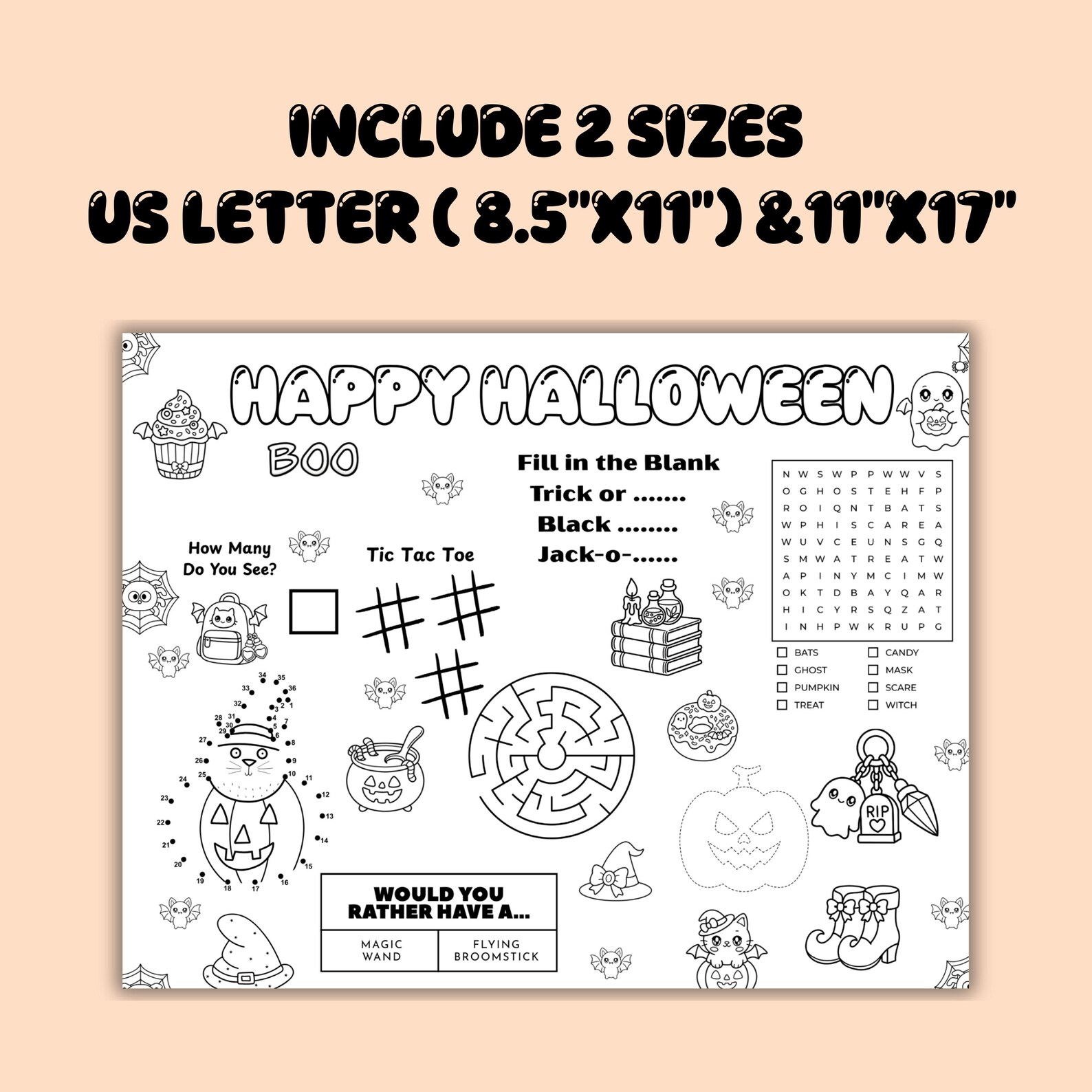 Halloween Activity Placemat: Kids Coloring & Games (printable) - Etsy