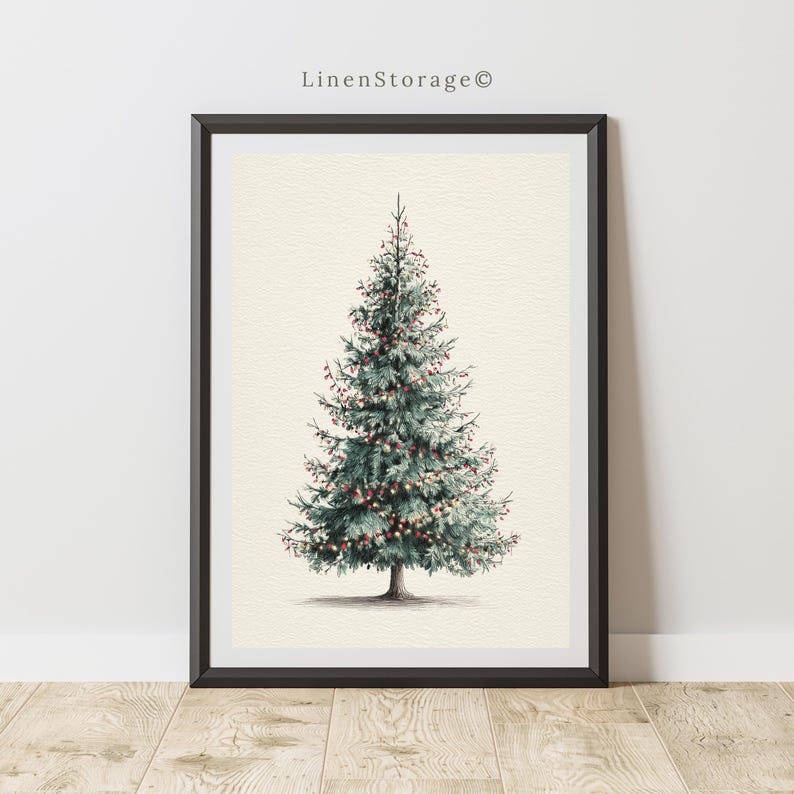 Vintage Christmas Tree Illustration Wall Art Digital Download, Holiday ...