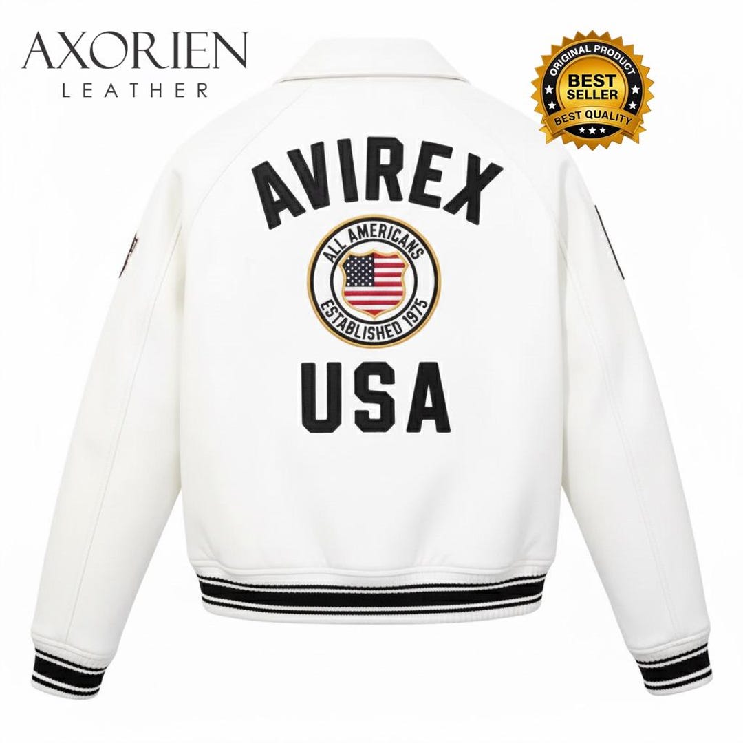Men's Avirex White Leather Bomber Jacket: American Flight Aviator Style ...