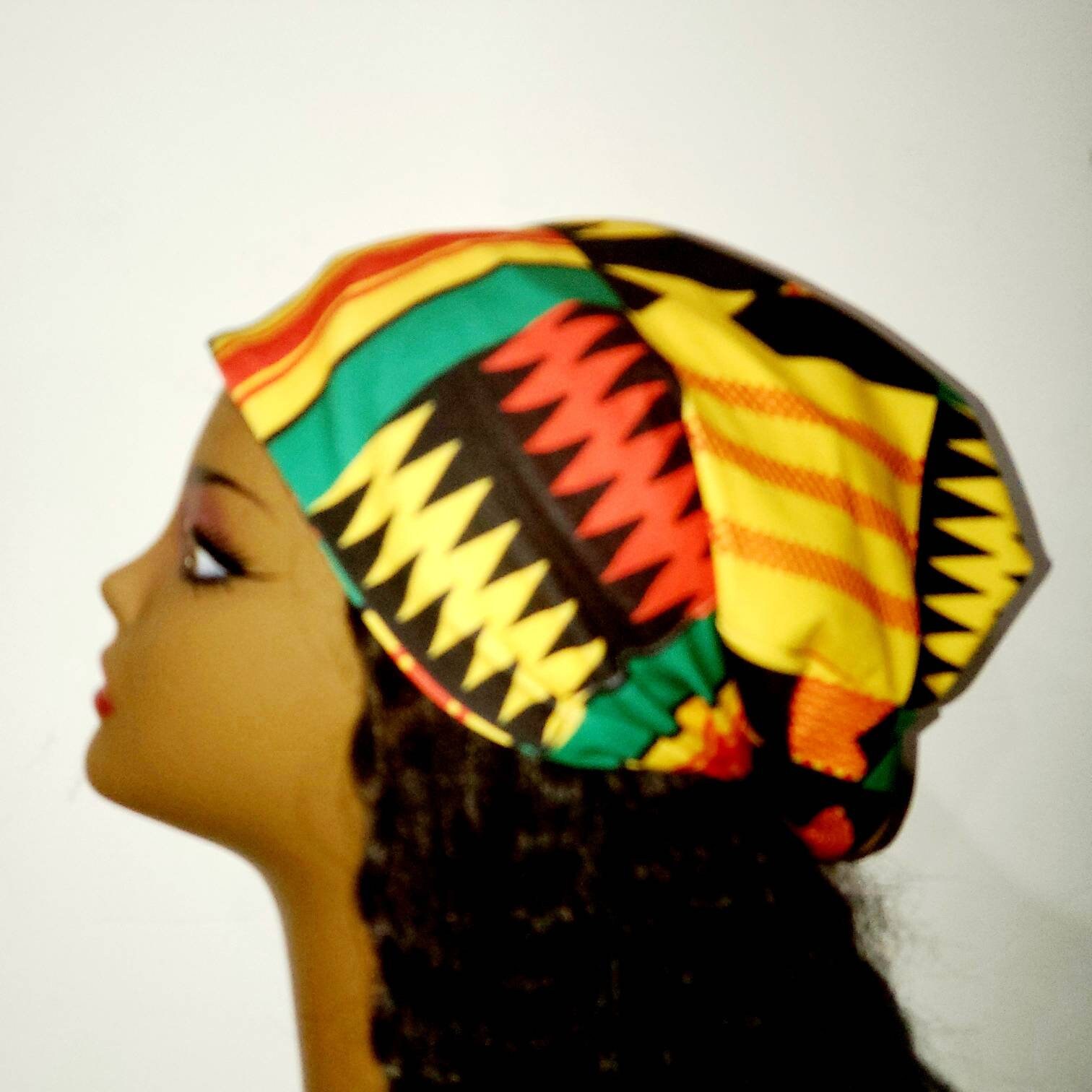 Beautiful African Print Kente Versatile Beanie Hat Yellow/black/ Green ...