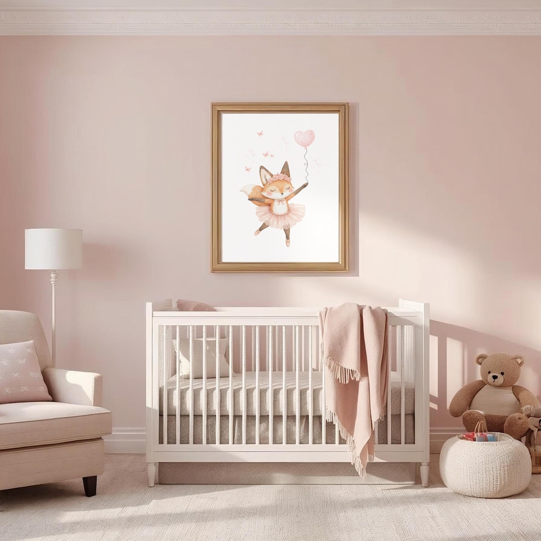 Dancing Fox Ballerina Nursery Print: Baby Girl Pink Ballet Wall Decor ...