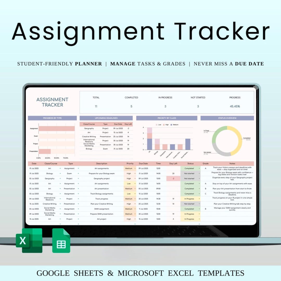 Assignment Tracker Spreadsheet Template | Google Sheets and Excel ...