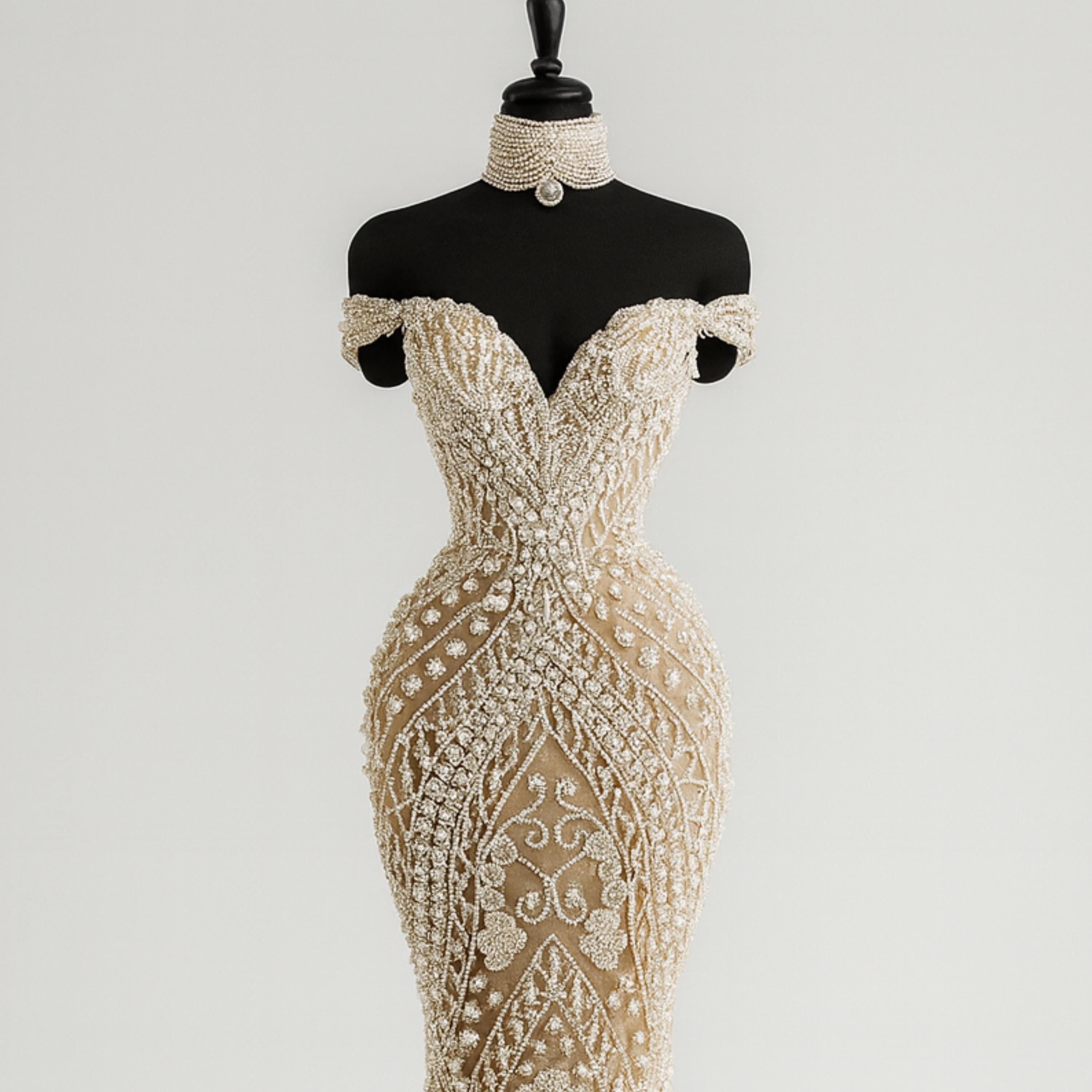 Champagne Mermaid Wedding Dress, Beaded Lace, Embroidered Tulle, Off-shoulder Bridal Gown - Etsy