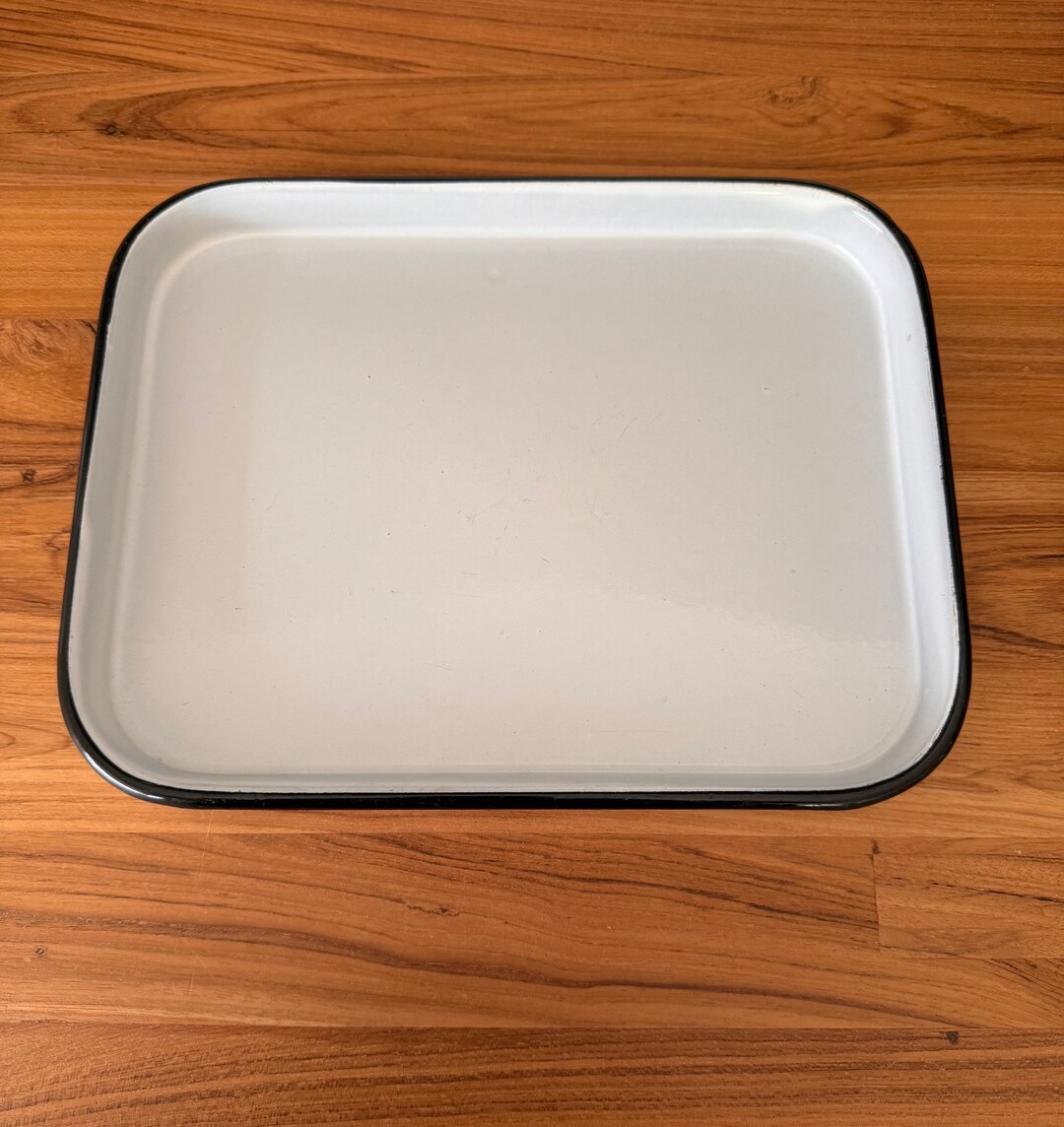 Vintage White Heavy Enamelware Shallow Tray With Black Rim - Etsy