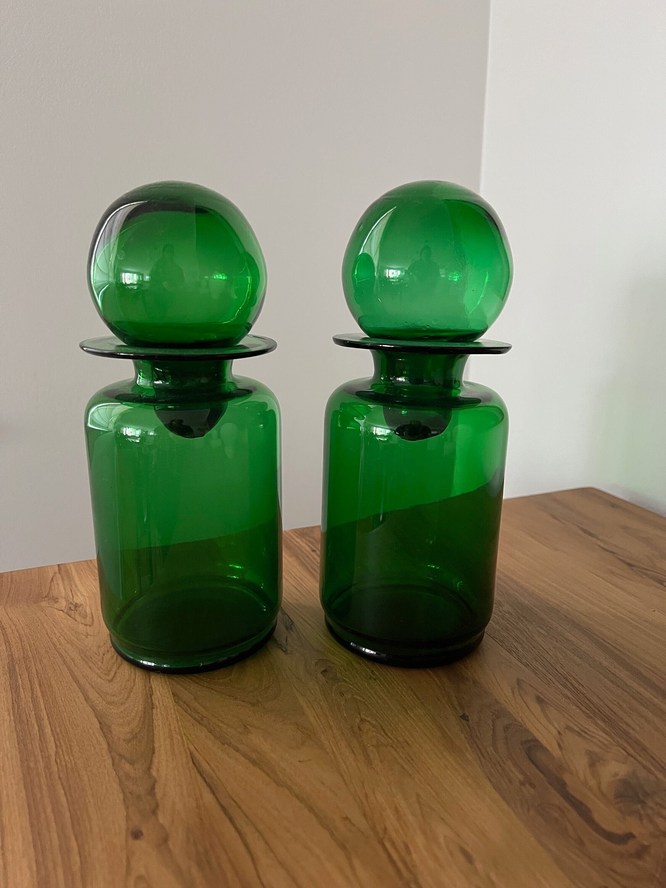 Pair of Vintage French Green Glass Bottles With Bubble Topper Lids - Etsy