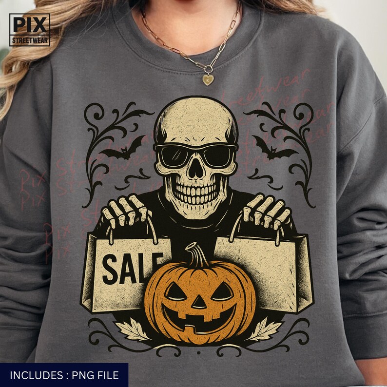 Skeleton Shopping Sale PNG, Funny Gothic Halloween Clipart, Pumpkin ...