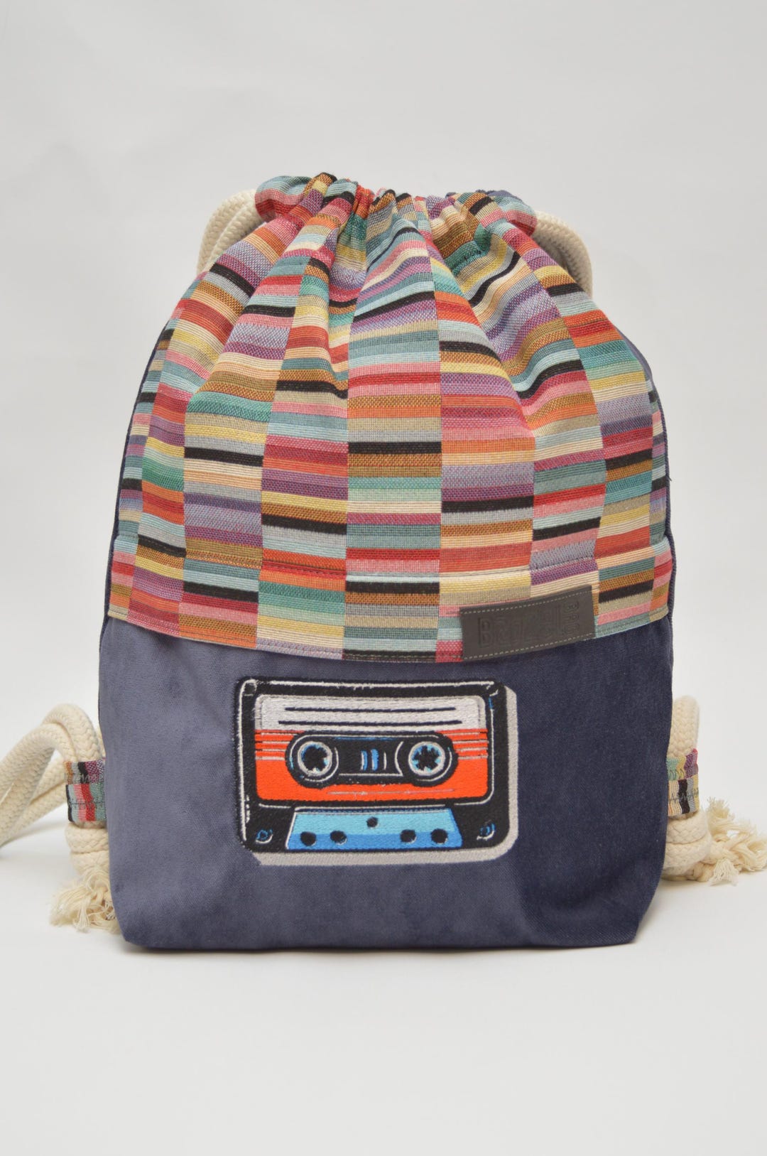 Retro Cassette Tape Drawstring Backpack – Handmade, Striped, Indie ...