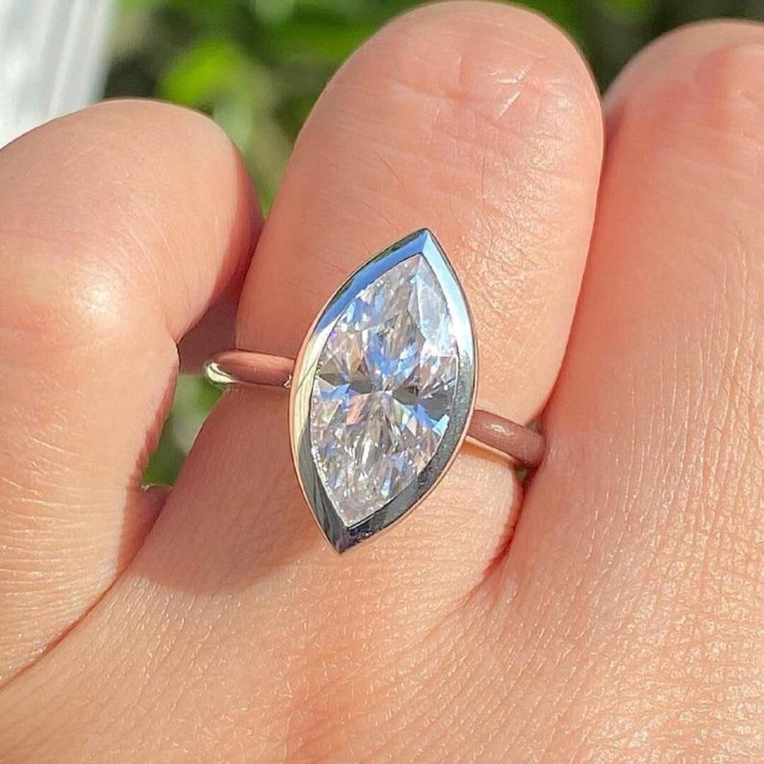 Unique Bezel Setting Engagement Ring, Marquise Cut Moissanite Diamond ...