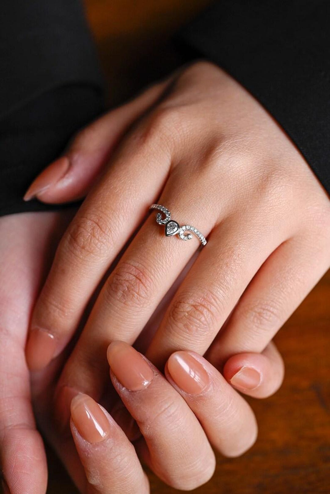 14k Solid White Gold Unique Curved Shape Band, Pear Cut Lab Grown ...