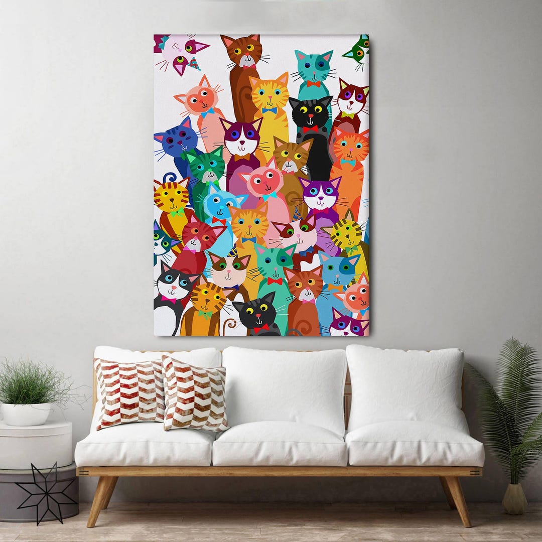 Colorful Cat Crowd Art Print, Whimsical Feline Lovers Poster, Funny Pet ...
