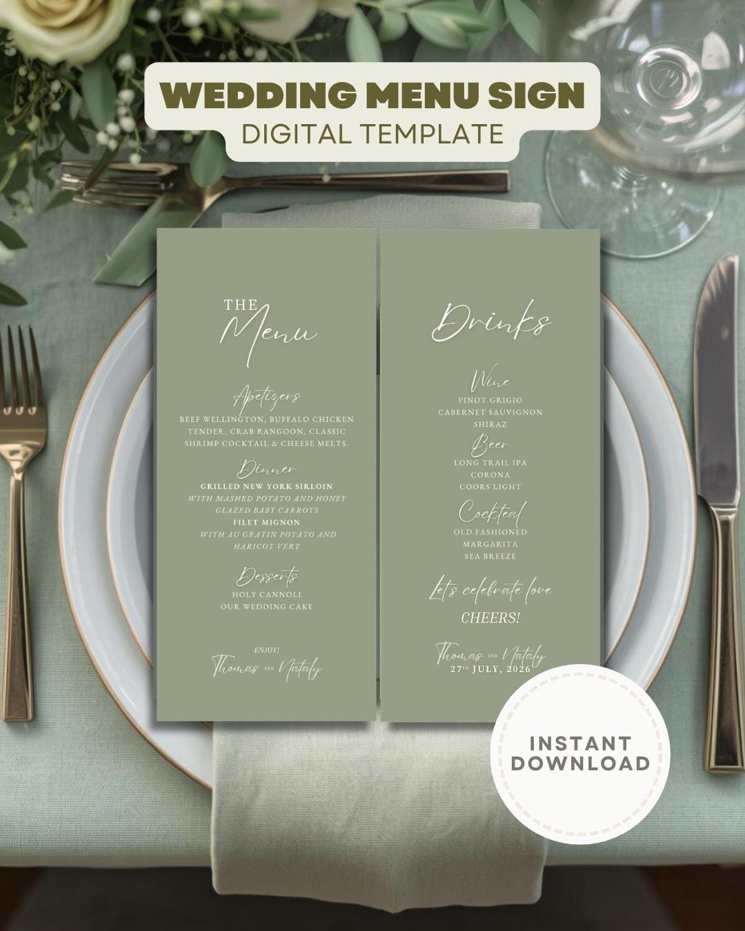 Wedding Menu Card Template - Modern Elegante | Sage Green - Cream ...