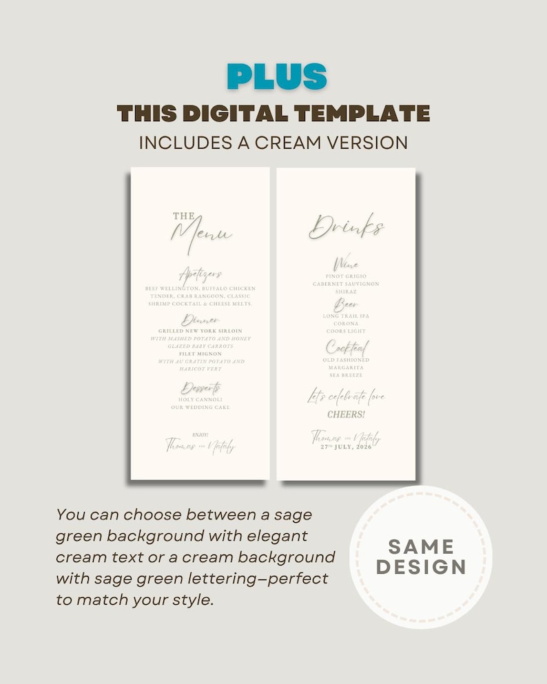 Wedding Menu Card Template - Modern Elegante | Sage Green - Cream ...