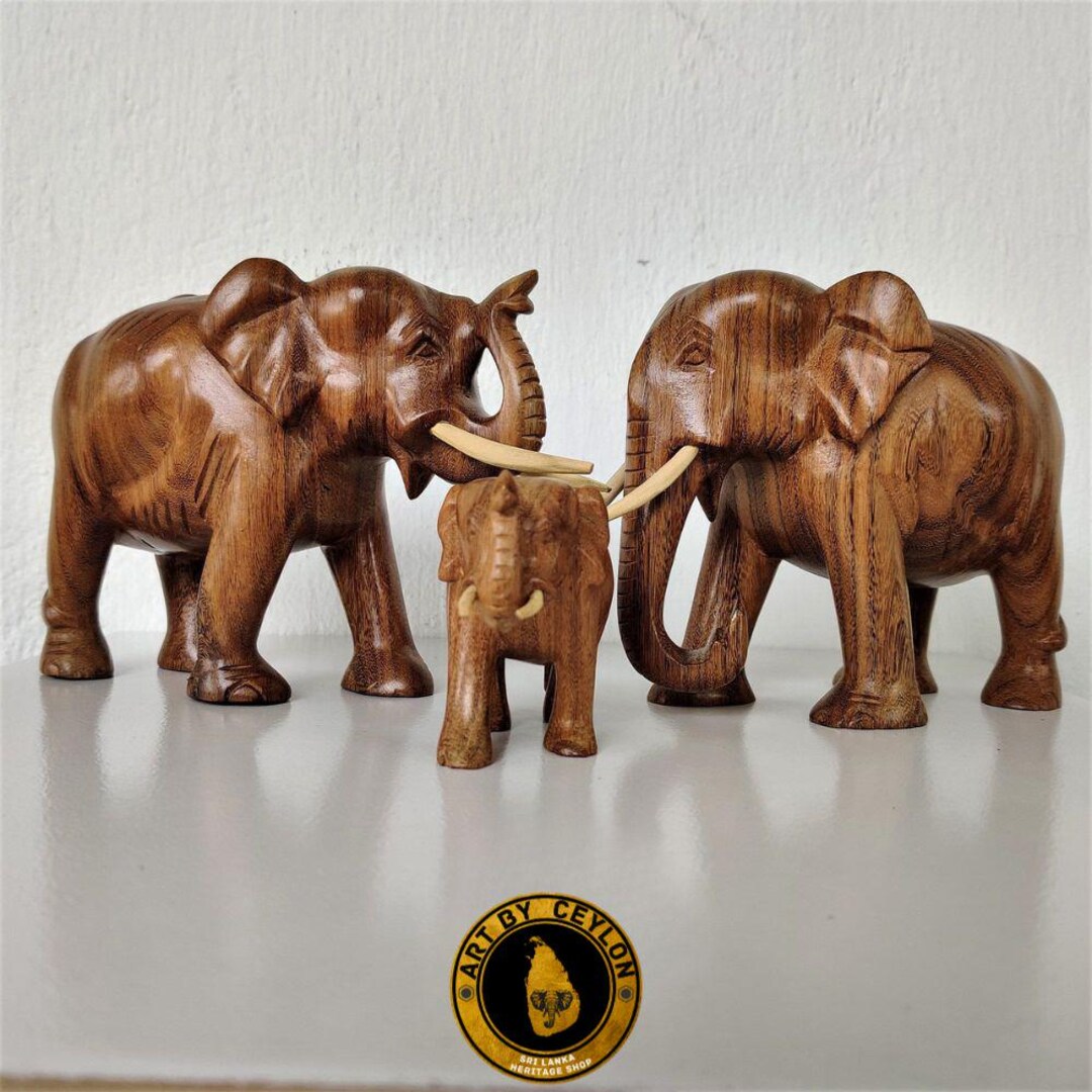 Wooden Elephant Family Carving, Elephant Family Statue, Mom & Baby ...