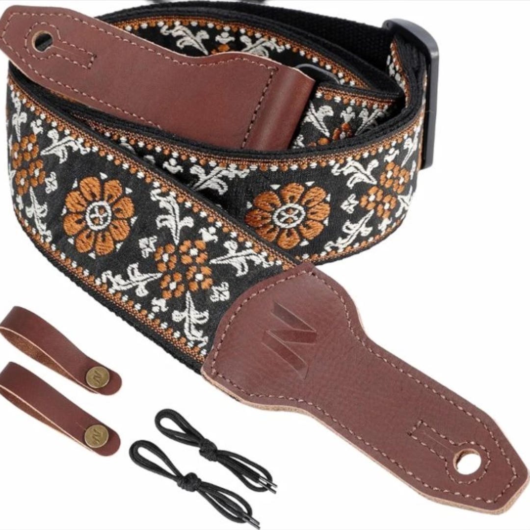 Brown Floral Embroidered Banjo Strap, 2