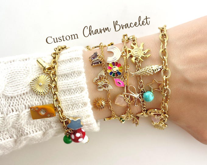 18K Gold Personalized Charm Necklace, 2500+ Charms, Gift Build Your Own ...
