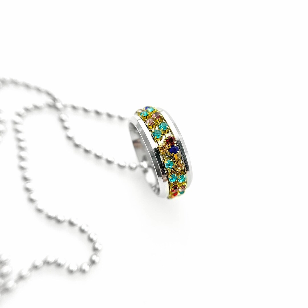 Rotating Fidget Charm Necklace, Multicolor Rhinestone Pendant, Anti ...