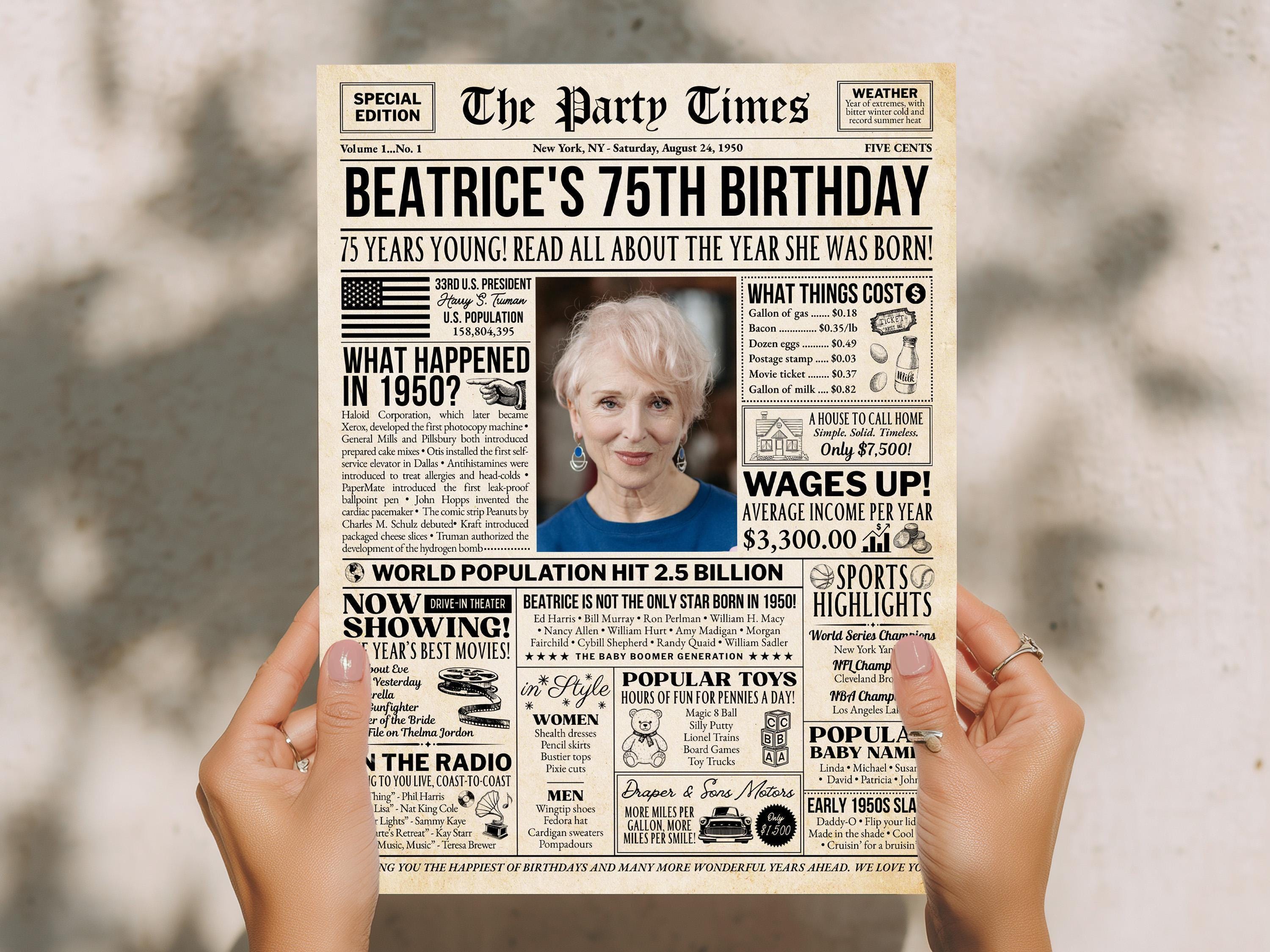 75th Birthday Newspaper Sign, 75 Years Ago Back in 1950 Vintage Poster ...