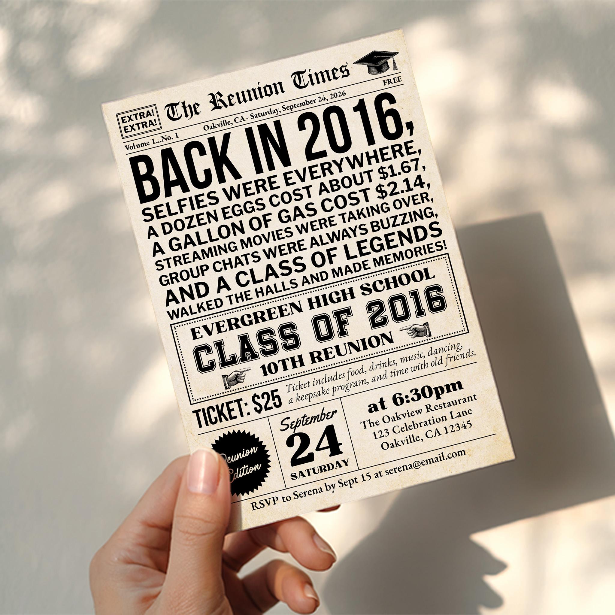 10th Class Reunion Invitation Template, Class of 2026 10th High School ...