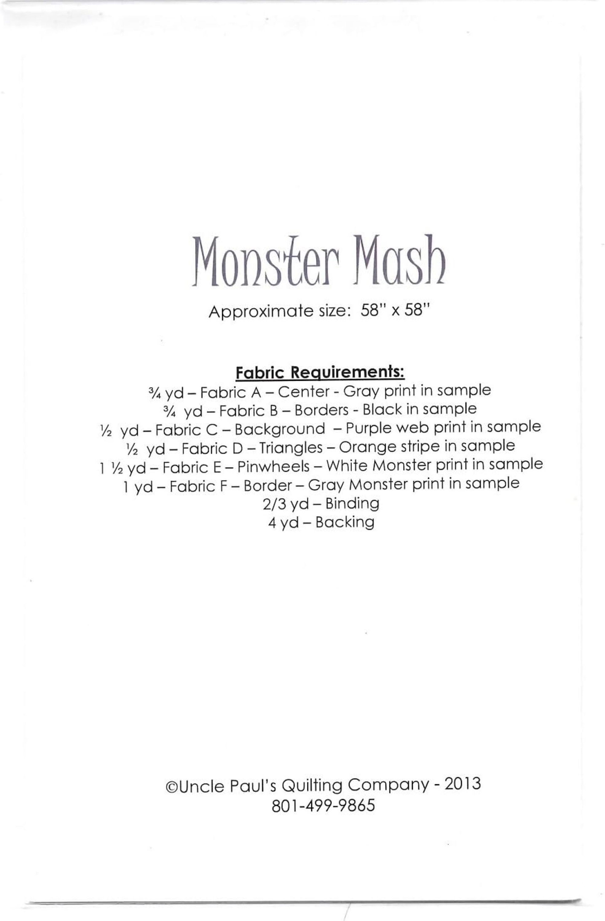 Monster Mash Quilt Pattern From Uncle Paul's Quilting Company 58" X 58 ...