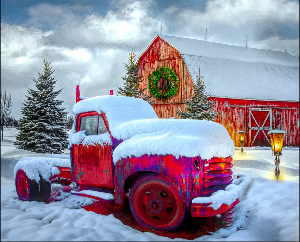 Big Red Winter Snowy Red Truck With Red Barn & Wreath Panel - Etsy