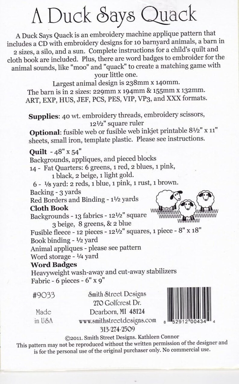 Duck Says Quack Machine Embroidery Design CD From Smith Street Designs ...