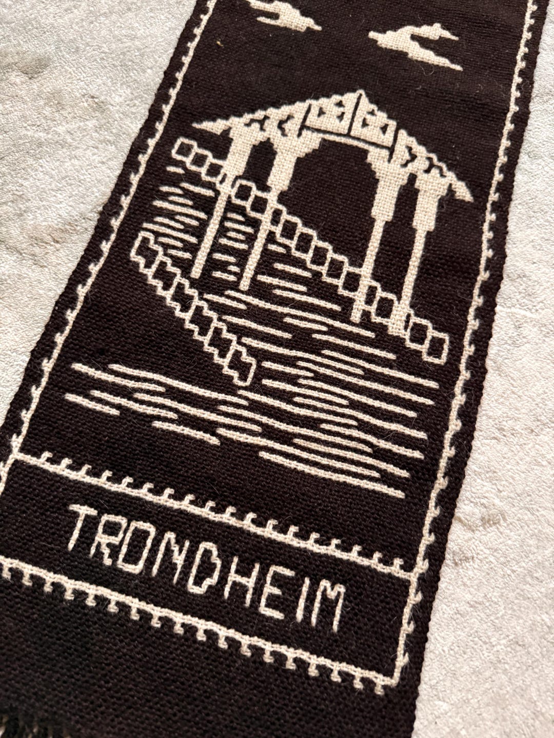 Vintage Norwegian Woven Wall Hanging – Trondheim Bridge Scene, Mid ...