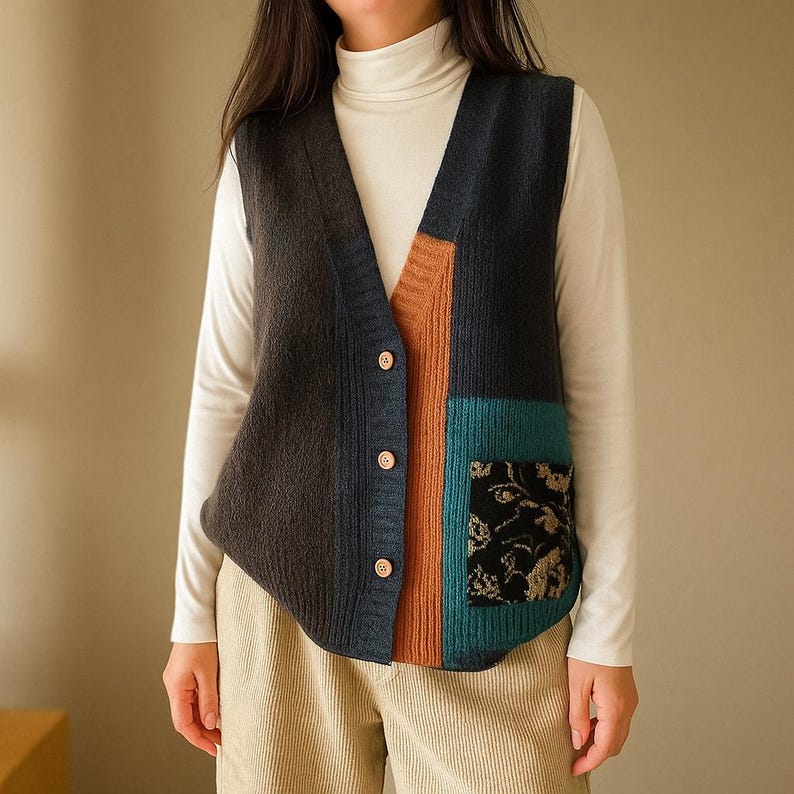 Vintage Patchwork Knit Vest: Color Block Sweater Cardigan - Etsy