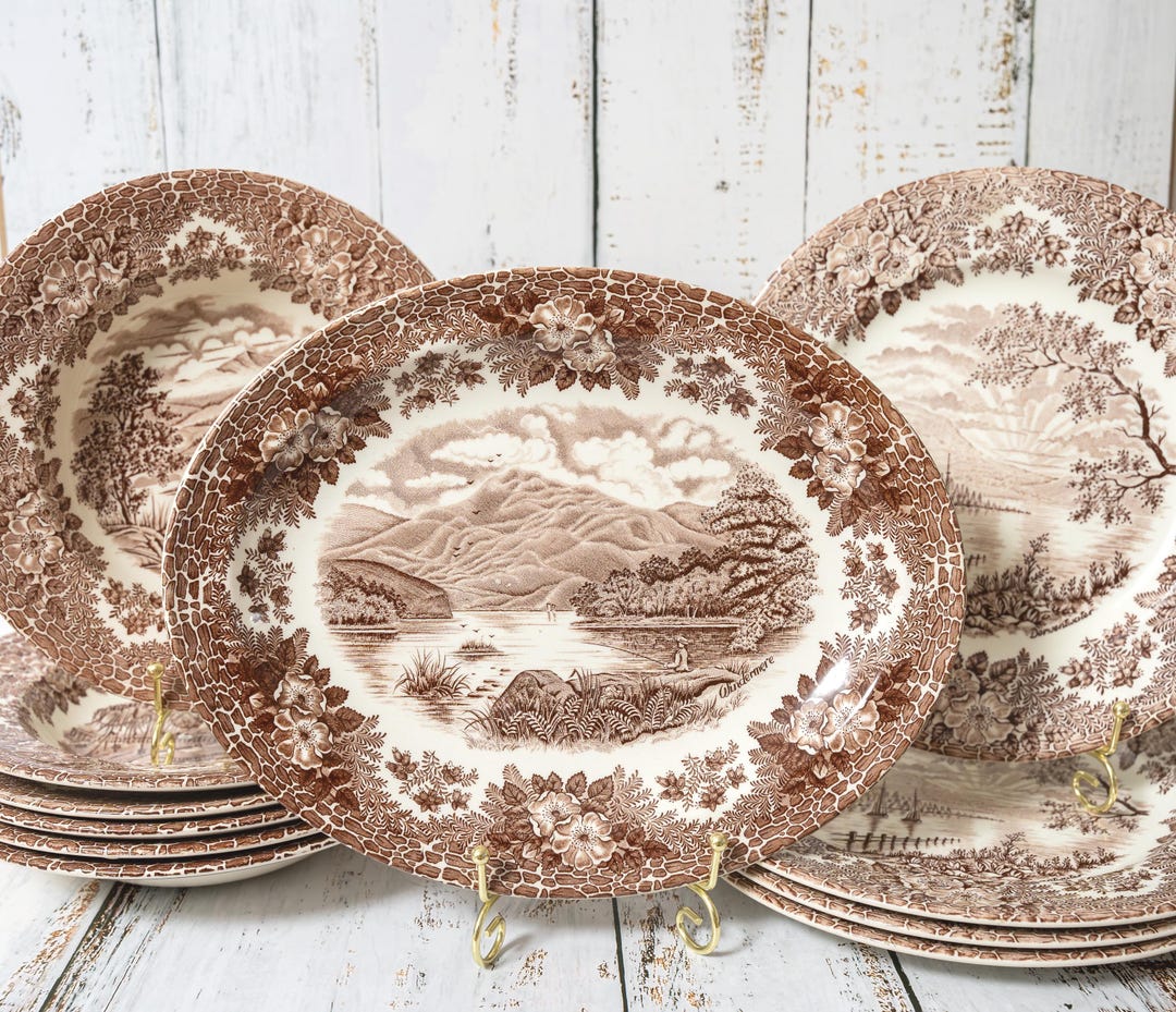 Vintage Brown Transferware Dinnerware Plates, Platter, EIT English ...