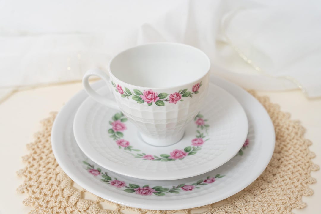 Vintage Eschenbach Bavaria Porcelain Trio – Pink Roses Cup Saucer ...