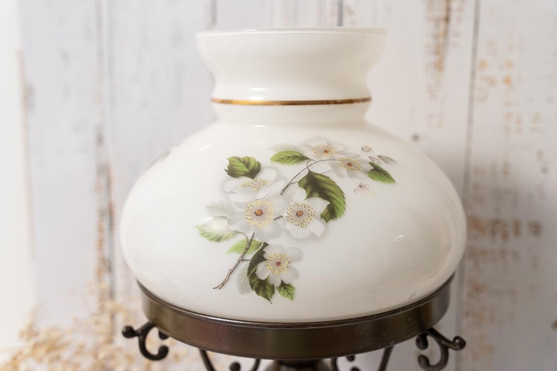 Vintage Hurricane Table Lamp White Floral Milk Glass Shade Wood Brass ...
