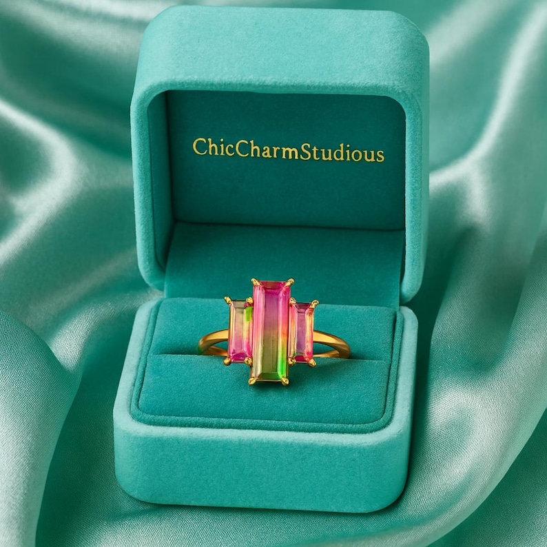 Baguette Watermelon Tourmaline Ring: Vintage Two Tone Gemstone Wedding ...