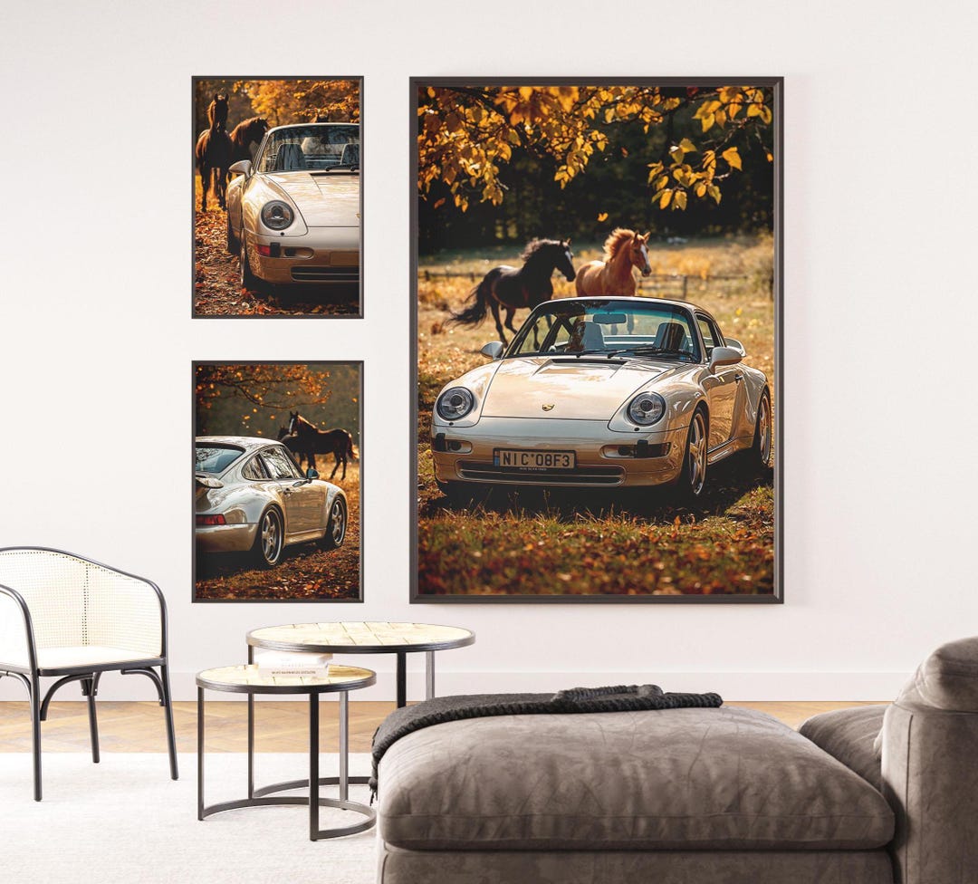 Vintage Porsche 911 Poster Set: Autumn Countryside Horse Art, Instant ...
