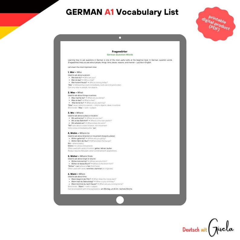 Buy German A1 Vocabulary List | 800 Words + 1000 Example Sentences ...